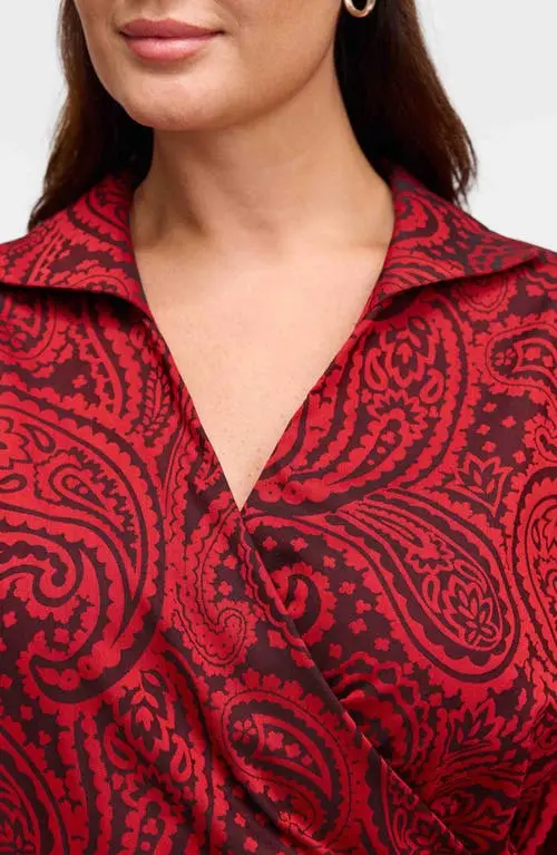 Foxcroft Salina Paisley Print Cotton Blend Wrap Shirt - Black/ Red