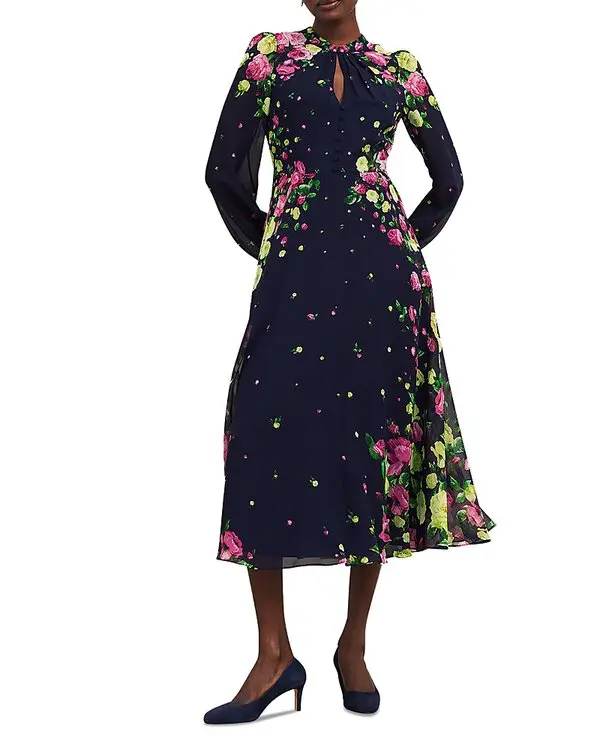 HOBBS LONDON Eva Floral Print Silk Midi Dress - Navy Multi