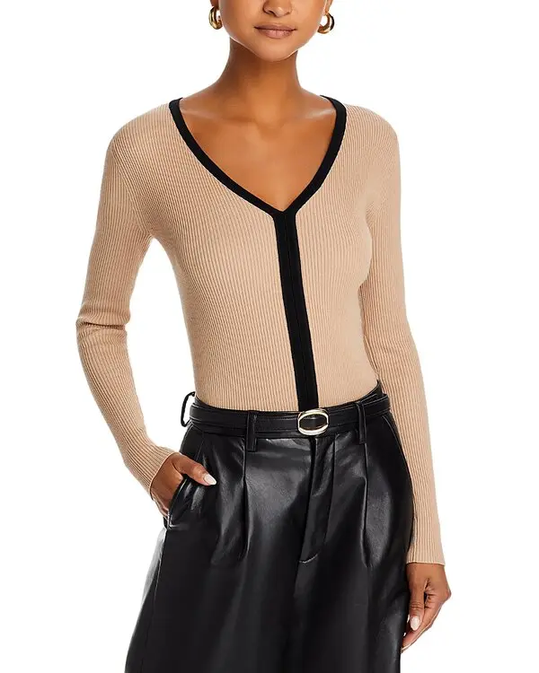 T Tahari V-neck Ribbed Sweater - Toasted Almond/black