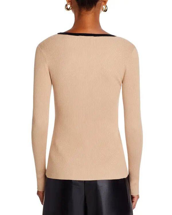T Tahari V-neck Ribbed Sweater - Toasted Almond/black