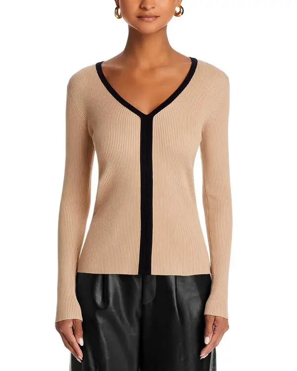 T Tahari V-neck Ribbed Sweater - Toasted Almond/black