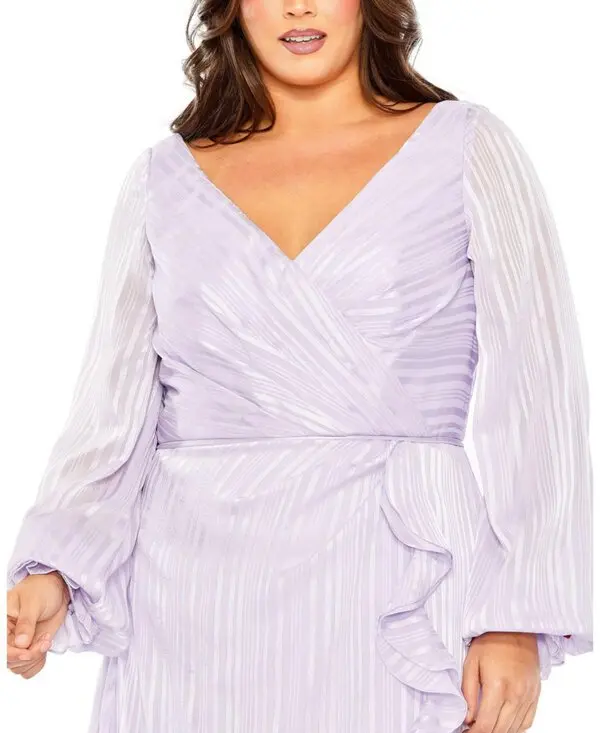 Mac Duggal Plus Striped Faux Wrap Gown