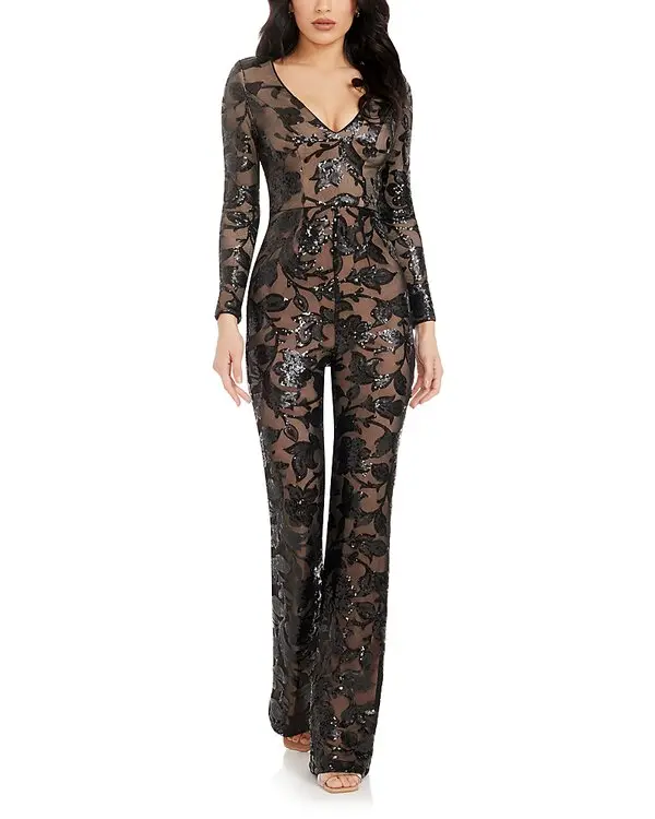 Dress The Population Carson Sequin Jumpsuit - Black-nude