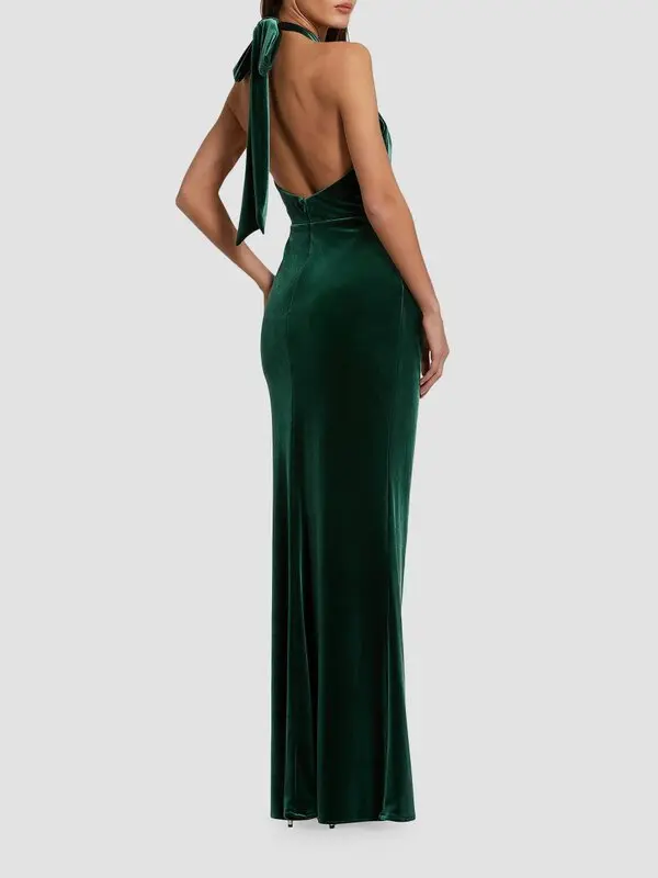 Mac Duggal Draped Velvet Halter Column Gown - Emerald