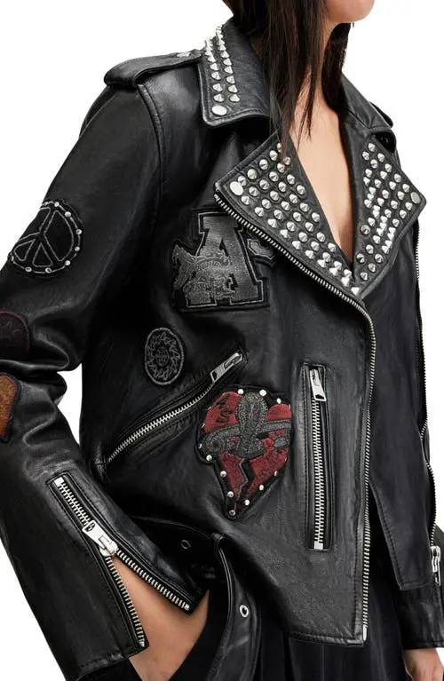 ALLSAINTS College Stud Detail Leather Biker Jacket - Black