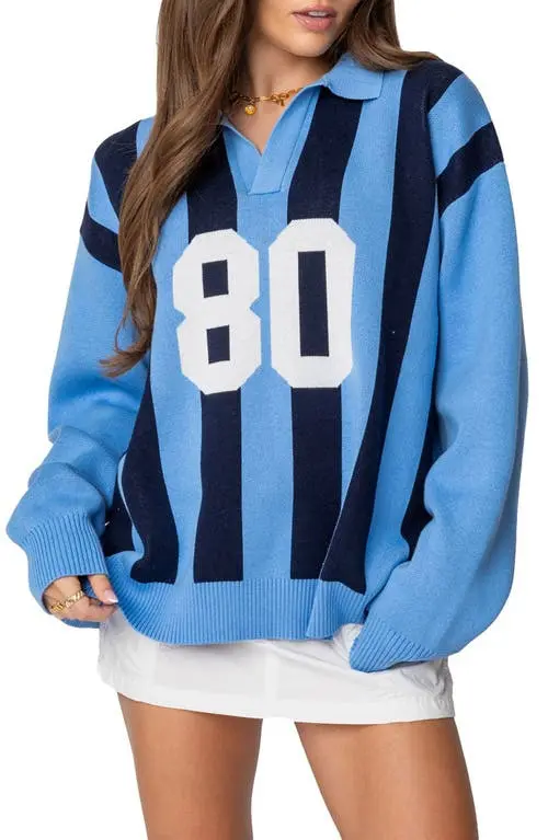 EDIKTED Larson Stripe Oversized Graphic Polo Sweater - Blue-and-navy
