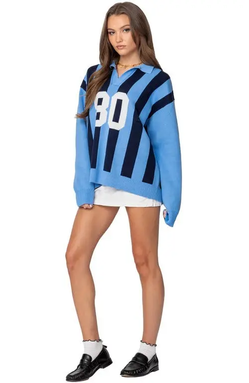 EDIKTED Larson Stripe Oversized Graphic Polo Sweater