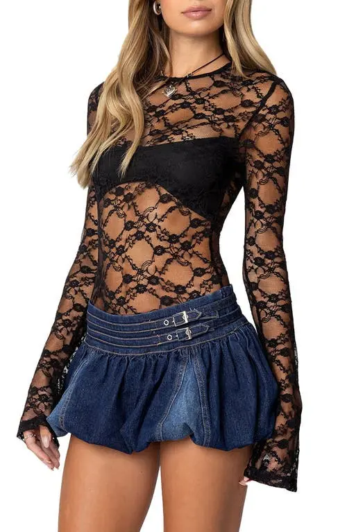 EDIKTED Colette Sheer Lace Bodysuit - Black