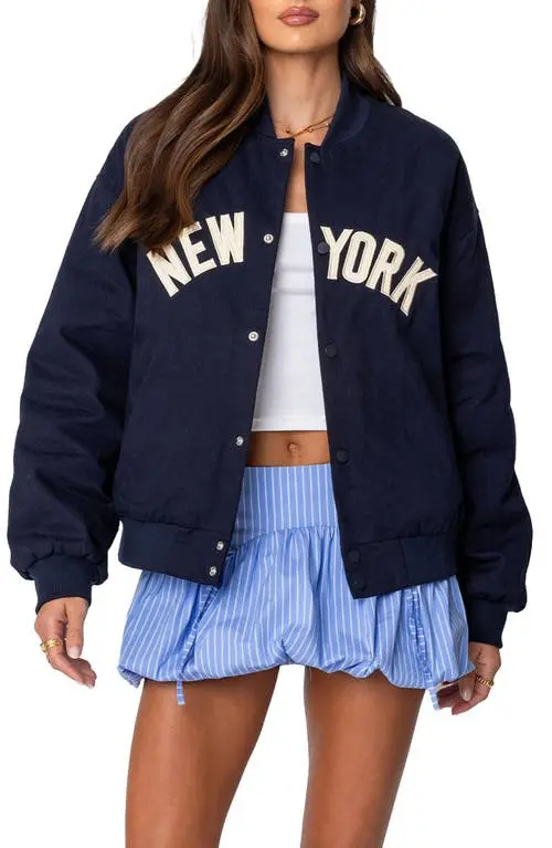EDIKTED Big Apple Oversize Bomber Jacket - Navy