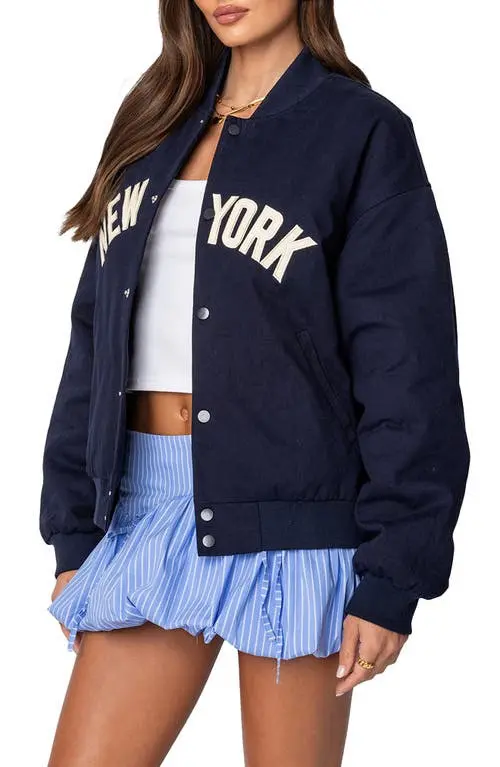 EDIKTED Big Apple Oversize Bomber Jacket - Navy