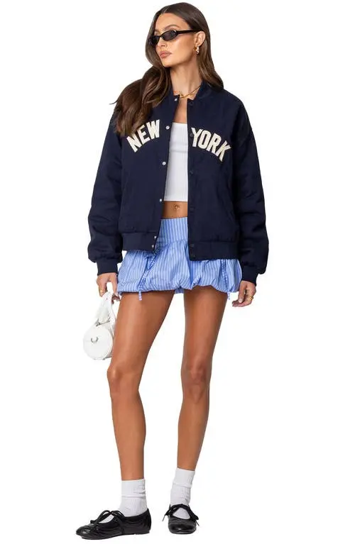 EDIKTED Big Apple Oversize Bomber Jacket - Navy