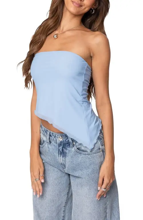 EDIKTED Vivi Mesh Asymmetric Tube Top - Light-blue