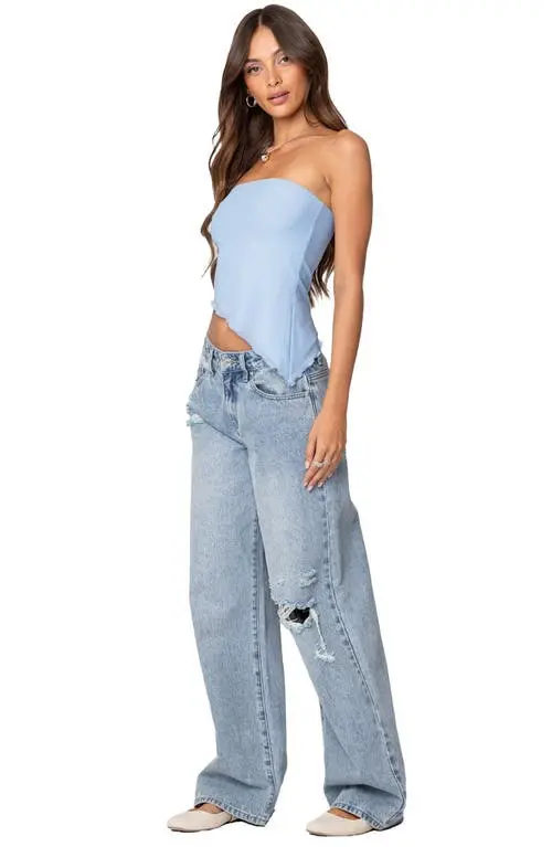 EDIKTED Vivi Mesh Asymmetric Tube Top - Light-blue