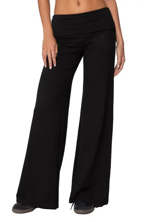 EDIKTED Wide Leg Foldover Pants - Black
