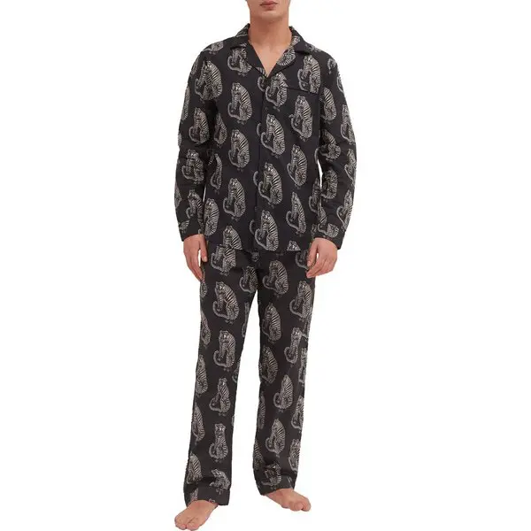 Desmond & Dempsey Tiger Print Long Sleeve Cotton Pajamas - Black/ Cream
