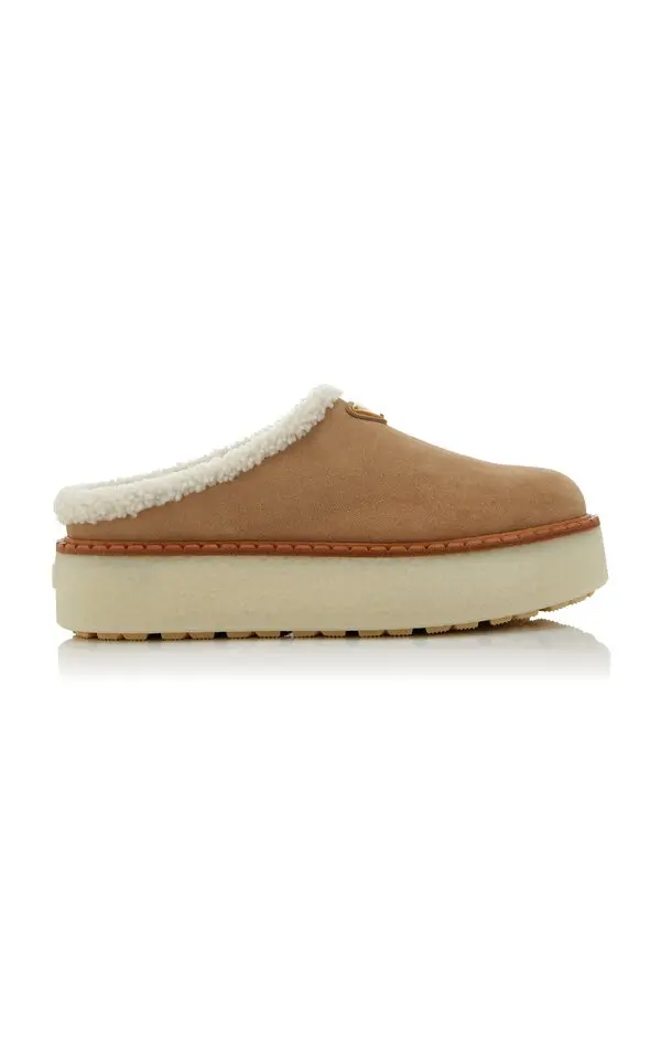 Prada Shearling Platform Mules - Tan