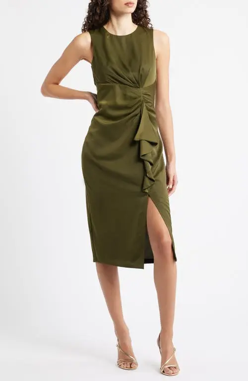 Vince Camuto Ruffle Detail Sleeveless Satin Sheath Midi Dress - Olv
