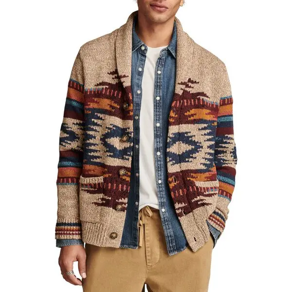 Lucky Brand Southwest Shawl Collar Cardigan - Natural Multi Print