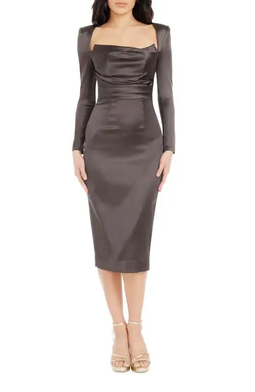 Dress The Population Pamela Long Sleeve Cocktail Dress - Mocha