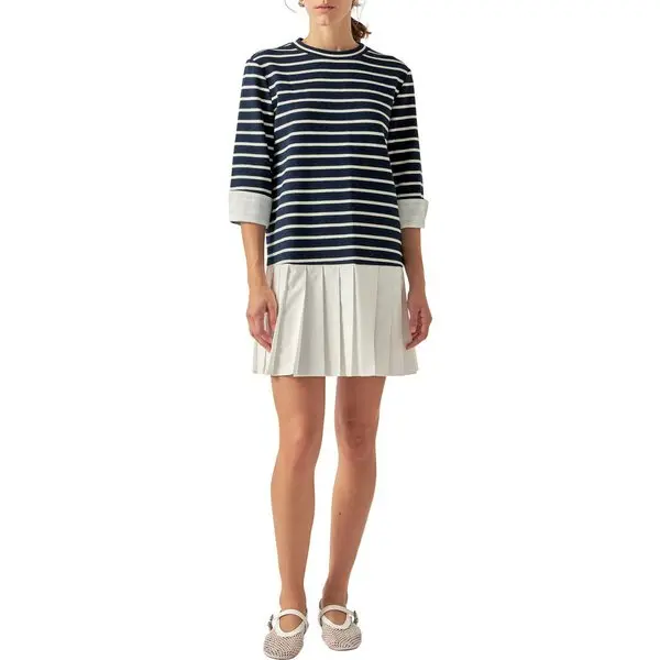 English Factory Mix Media Stripe Pleated Mini Dress