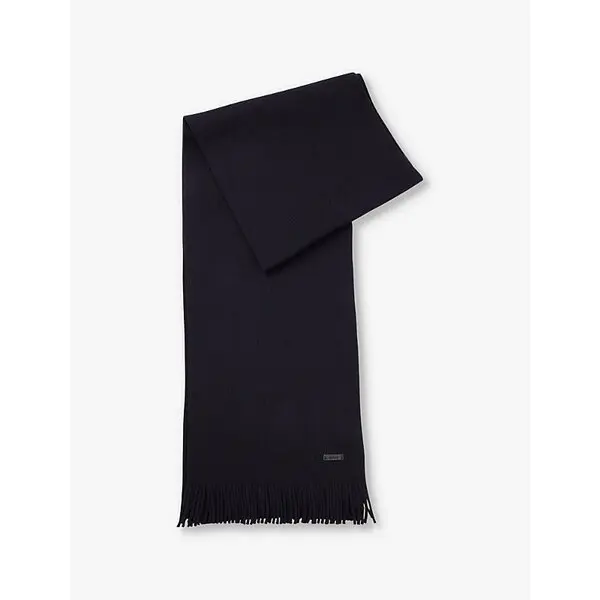 BOSS Raschel-knit Logo-embroidered Wool Scarf - Dark Blue