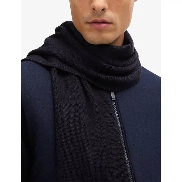 BOSS Raschel-knit Logo-embroidered Wool Scarf - Dark Blue