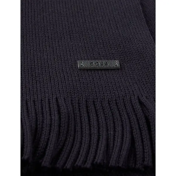 BOSS Raschel-knit Logo-embroidered Wool Scarf - Dark Blue