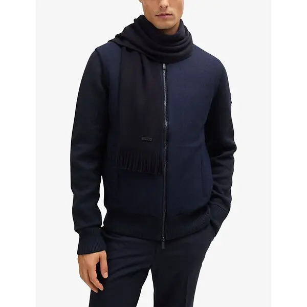 BOSS Raschel-knit Logo-embroidered Wool Scarf - Dark Blue