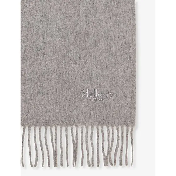 Mulberry Solid Logo-embroidered Merino-wool Scarf - Light Grey Melange