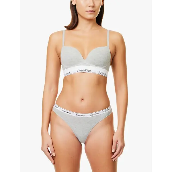 Calvin Klein Modern Logo Low-rise Stretch-cotton Thong - Grey Heather