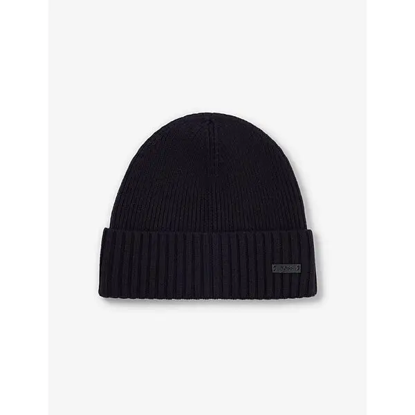 BOSS Ribbed Wool Knitted Beanie - Dark Blue