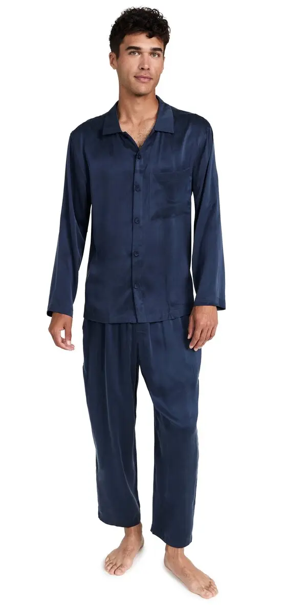 Lunya Washable Silk Button Up Set - Deep Blue