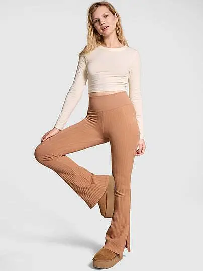 Pink Soft Seamless Cable Flare Leggings - Beige