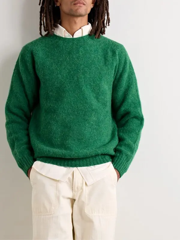 DRAKE'S Brushed Shetland Wool Crew-neck Sweater - Green