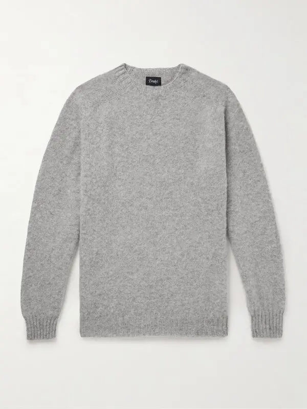 DRAKE'S Brushed Virgin Shetland Wool Crew Neck Sweater - Gray