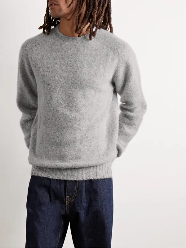 DRAKE'S Brushed Virgin Shetland Wool Crew Neck Sweater - Gray