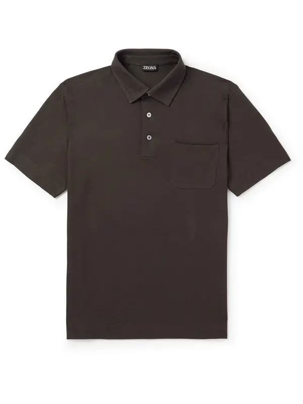 Zegna Slim-fit Leather-trimmed Cotton-piqué Polo Shirt - Brown