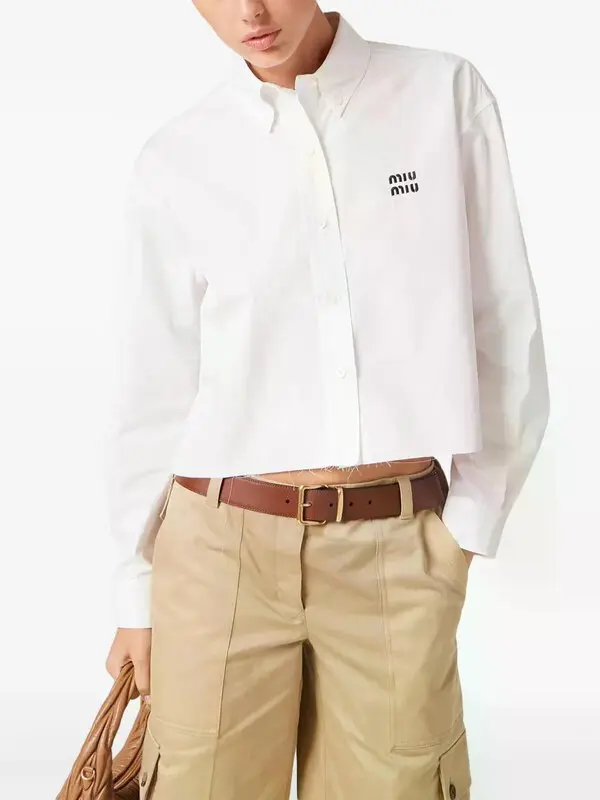 Miu Miu Poplin Cropped Shirt With Embroidered Logo - White