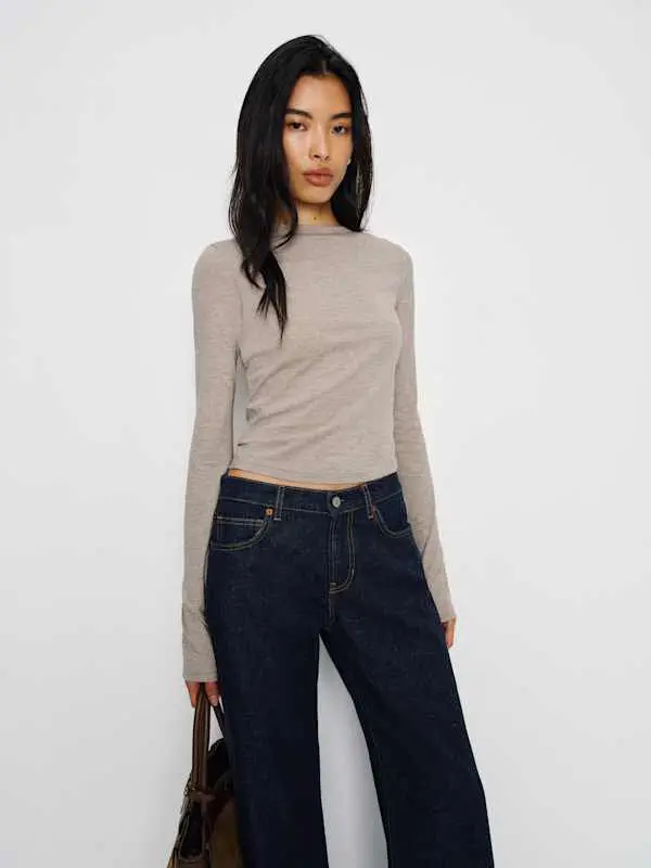 REFORMATION Ezra Slim Fit Long Sleeve - Brown