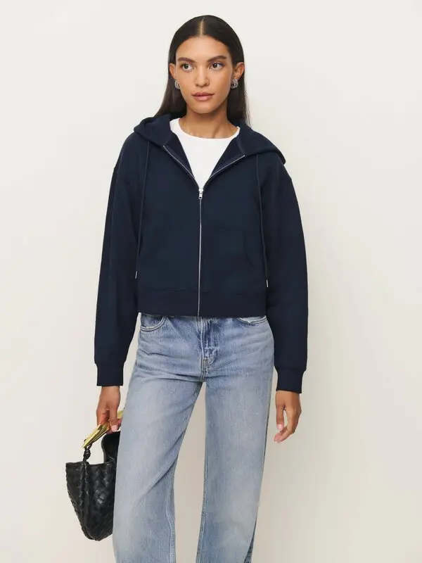 REFORMATION Austin Zip Up Cropped Hoodie - Blue