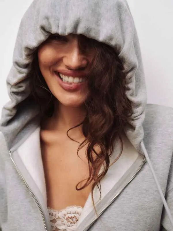 REFORMATION Austin Zip Up Cropped Hoodie - Grey