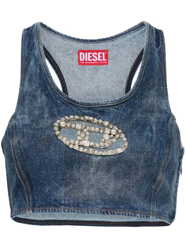 DIESEL® Denim Crystal Logo Cropped Top