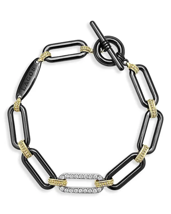 Lagos 18k Yellow Gold And Black Ceramic Diamond Link Bracelet - Black/white