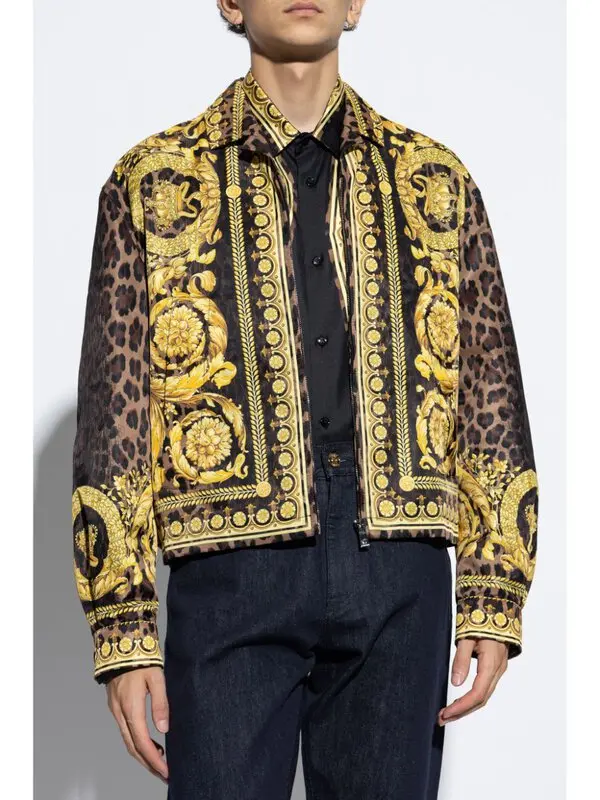 Versace Barocco-leopard Print Shirt Jacket - Yellow