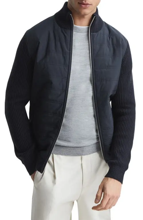 REISS Trainer Quilted & Ribbed Hybrid Jacket - Navy