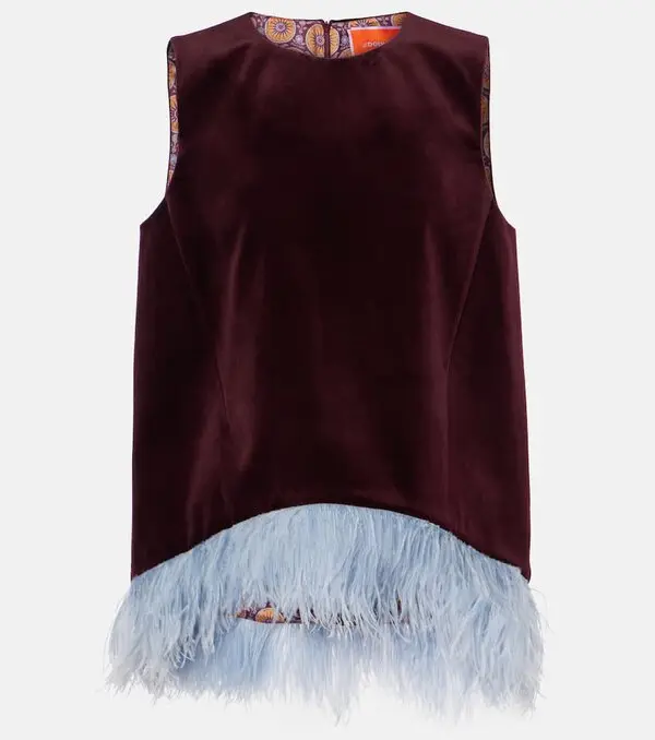 La DoubleJ Feather-trimmed Velvet Top - Purple