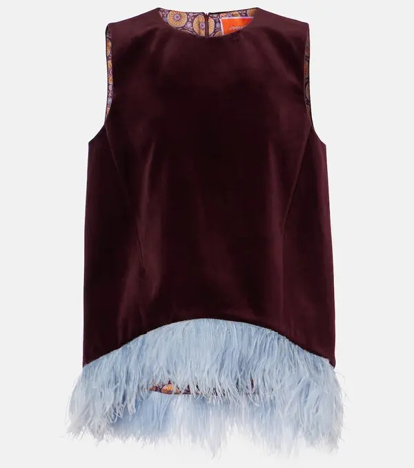 La DoubleJ Feather-trimmed Velvet Top - Purple