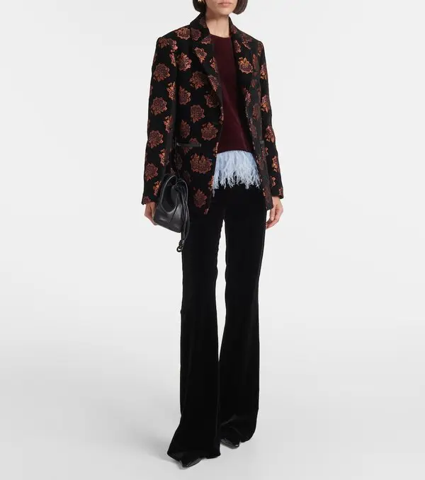 La DoubleJ Feather-trimmed Velvet Top - Purple