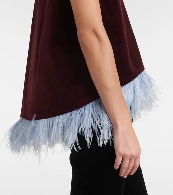 La DoubleJ Feather-trimmed Velvet Top - Purple