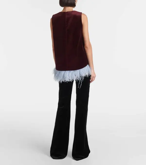 La DoubleJ Feather-trimmed Velvet Top - Purple